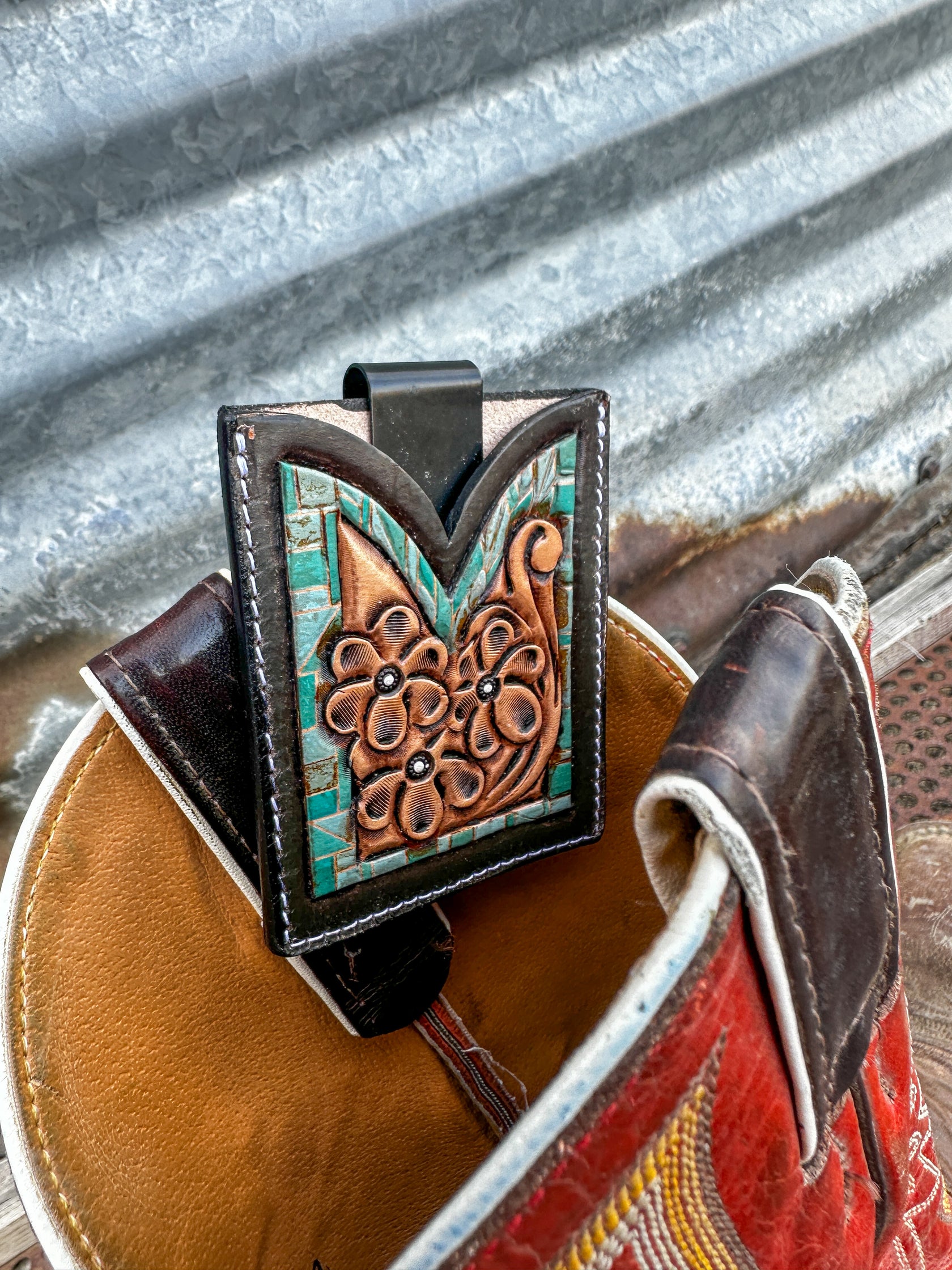 Hand Tooled Leather Boot Wallet with Petite Flowers and Turquoise Bord ...