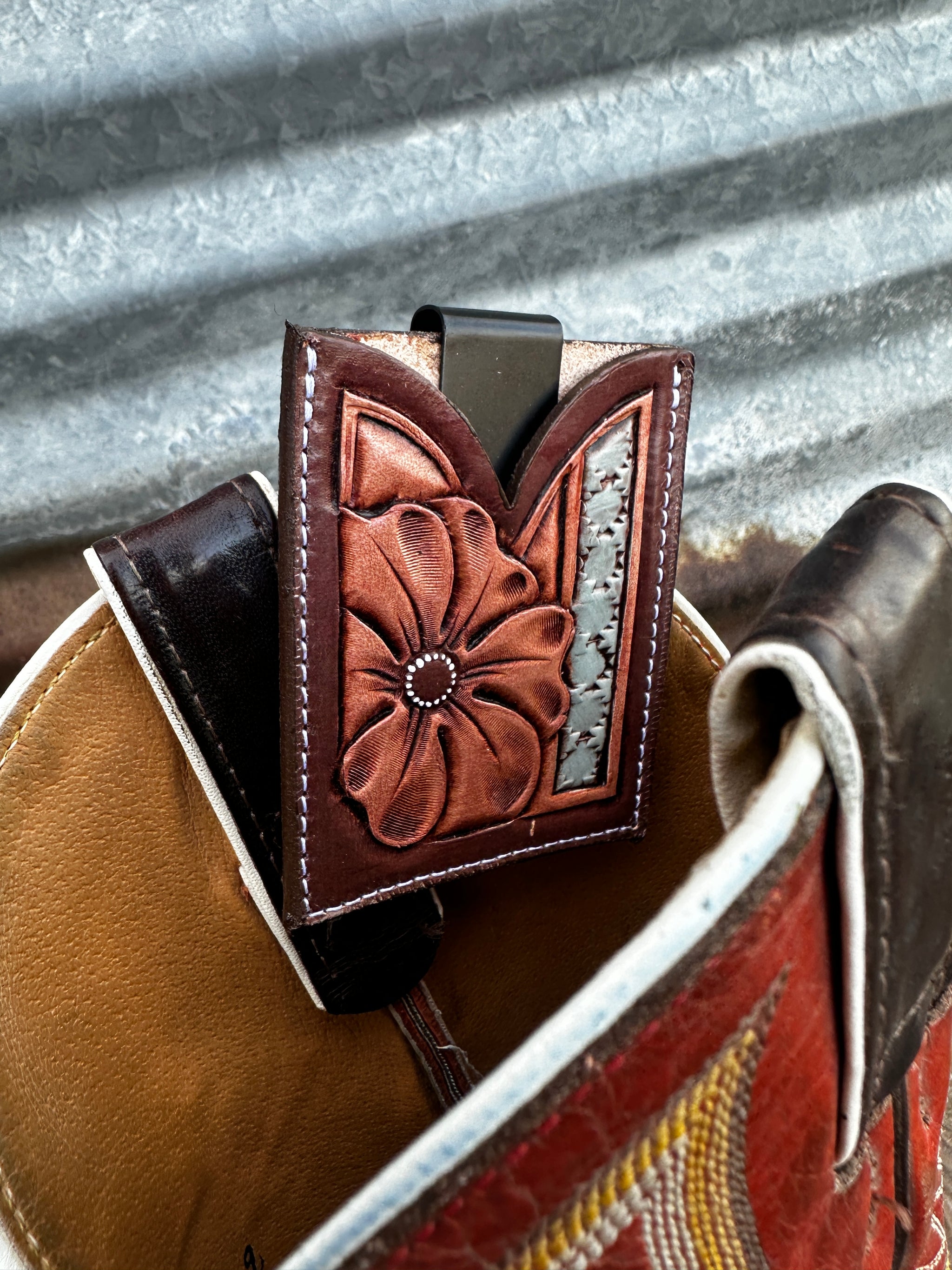 Hand Tooled Leather Boot Wallet with Flower and Southwest Bar – The ...